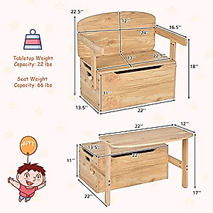 HONEY JOY Kids Table and Chair Set, 3-in-1 Convertible Wooden Toy Storage Bench with Handle, Toddler Furniture Set for Daycare Playroom, Gift for Boys Girls 3+ (Natural)