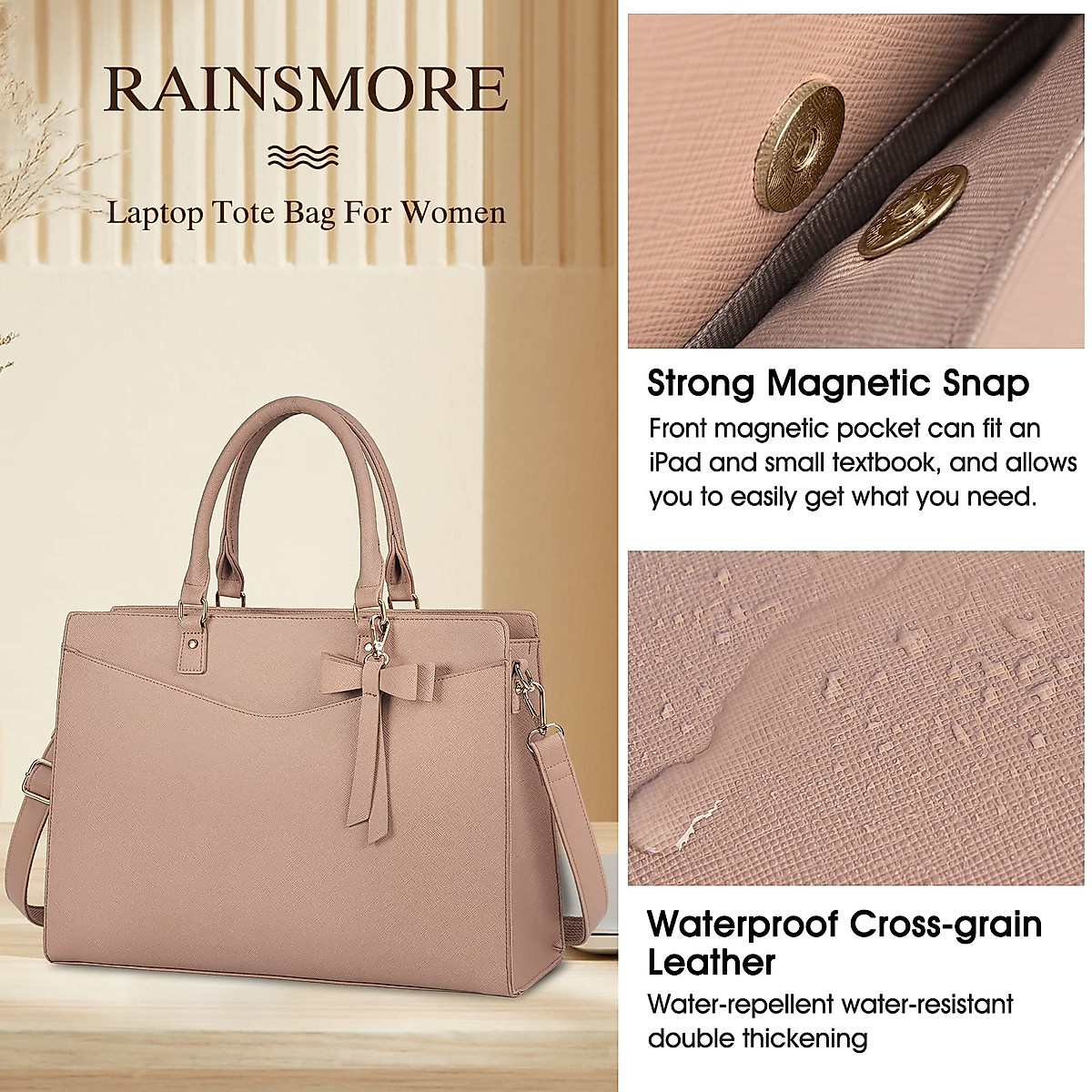 RAINSMORE Laptop Bag for Women 15.6 Inch PU Tote Bag Business Office Work Bag Waterproof Briefcase Computer Tote Lightweight Handbag Shoulder, Khaki