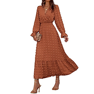BTFBM Women Fall Dresses 2023 Long Sleeve V Neck Swiss Dots Maxi Dress Boho Long Dress High Waisted A-Line Ruffle Dress(Solid Orange,Large)