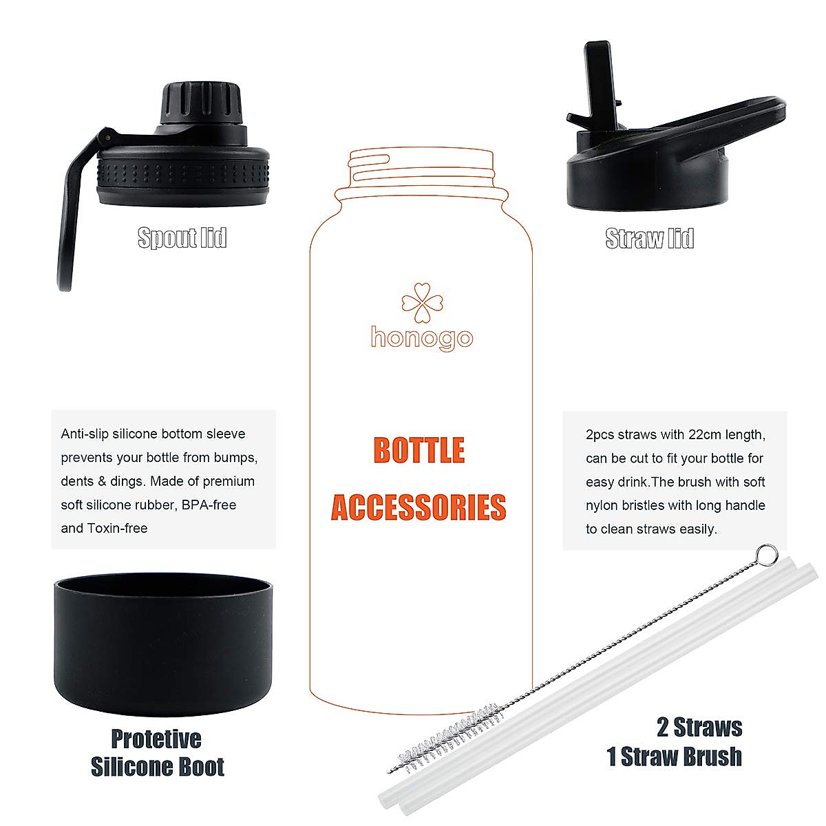 honogo 32 oz Powder Coated Double Wall Vacuum Insulated Sports Water Bottle, 18/8 Stainless Steel Wide Mouth Thermos Flask with Straw Lid & Spout Lid, Leak Proof, Sweat Free, BPA Free (Orange, 32 oz)