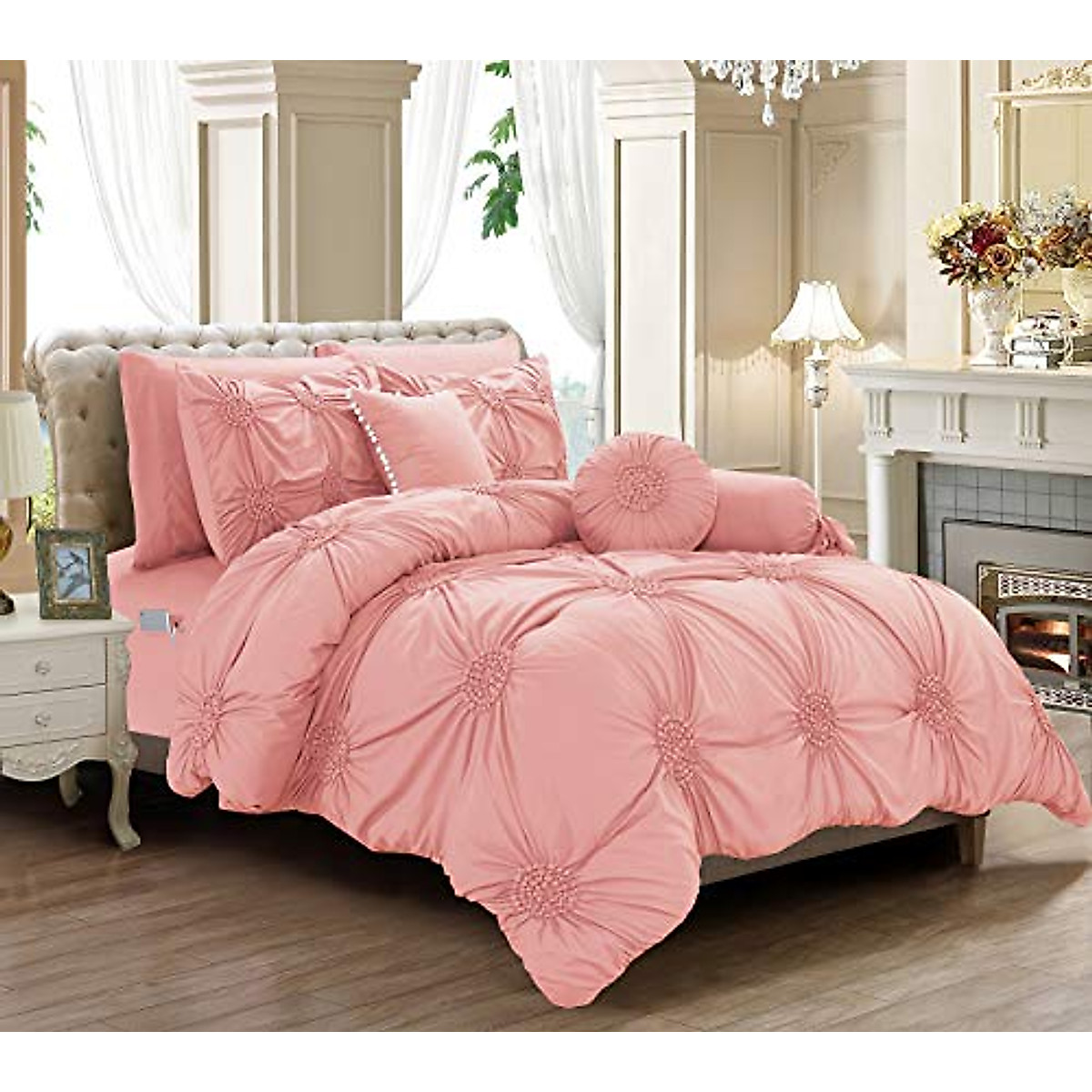 Luxurious, Softest, Coziest 10-PIECE Bed-in-a-Bag Sunflower Comforter Set, Silky Soft Complete Comforter Set Includes Bed Sheet Set with Double Sided Storage Pockets Featured, Full/Queen, Dusty Rose