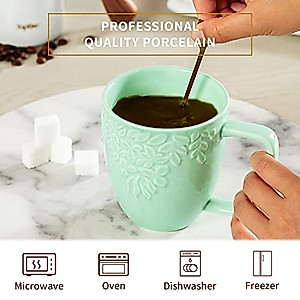 toptier Coffee Mugs Set of 4, 16 Ounce Ceramic Mug Coffee Mugs with Large Handle for Men, Women, Leaf Design Coffee Cups Gift for Coffee, Tea, Milk, Cocoa, Cereal, Green