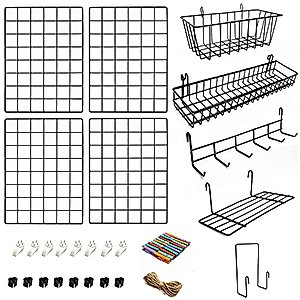 4 Pack Wire Wall Grid Panel with Accessories | Includes Hanging Wall Baskets, Letter Sorter, Shelf & Hook Rack | Grid Wall Panels | Photo Grid | Hanging Home, Office & Kitchen Décor | Photo Wall