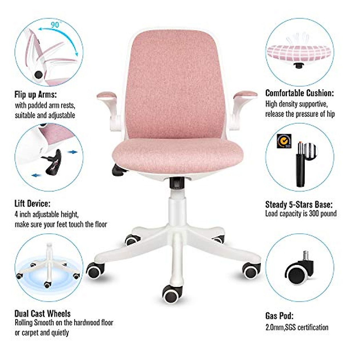 Fullwatt Office Chair Ergonomic Chair Mid Mesh Back Swivel Seat with Flip up Armrests Adjustable Lumbar Support, Pink