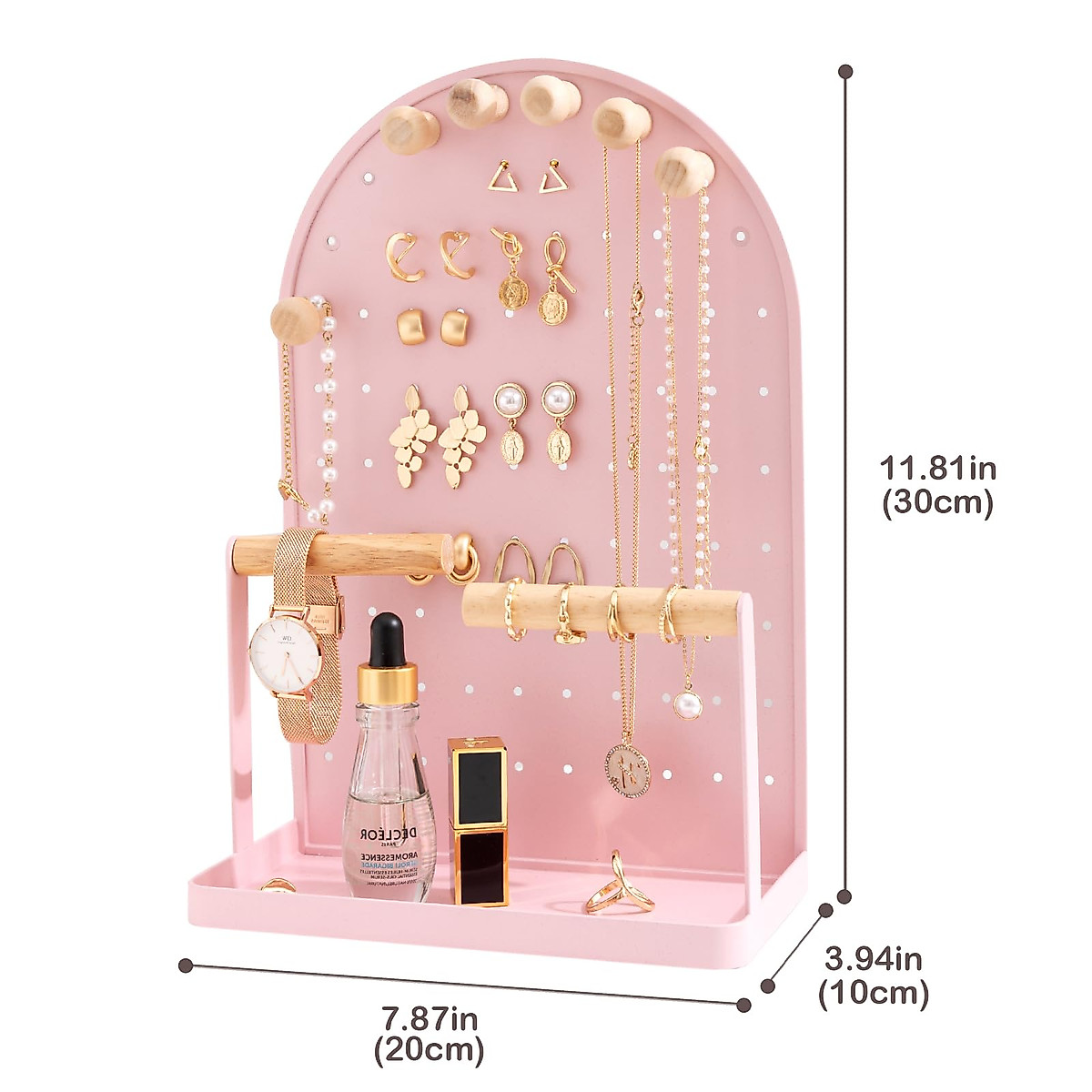ProCase Cute Jewelry Organizer Stand Earring Holder Organizer for Dorm, Aesthetic Necklace Stand with 6 Removable Wood Hooks, Small Jewelry Display Rack with Bottom Tray for Bracelets Rings -Pink