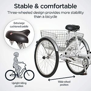 Schwinn Meridian Adult Tricycle Bike, Mens and Womens Three Wheel Beach Cruiser, 26-Inch Wheels, Low Step-Through Frame, Wide Seat, Rear Folding Basket, 1-Speed, White