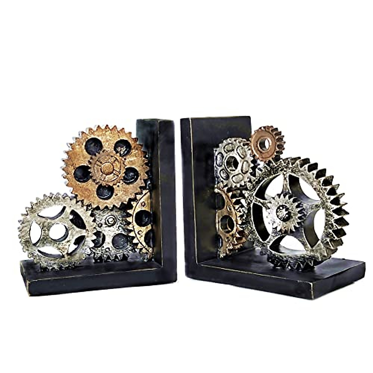 Bellaa 20881 Decorative Bookends Gear Book Shelves Stoppers Holder Nonskid Shelf Heavy Ends Supports Vintage Industrial Modern Art Home Decor Statues Sculptures 6 inch