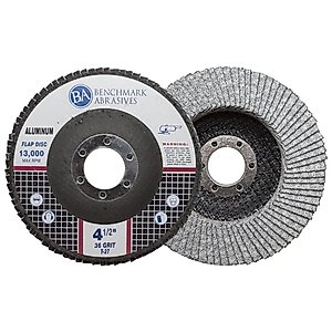 Benchmark Abrasives 4.5" x 7/8" Premium Stearate Coated Type 27 Flap Discs 4 1/2 for Angle Grinder - for Aluminum & Soft Metals - Sanding, Finishing, Grinding Wheels 4 1/2 Inch - (10 Pack) 36 Grit