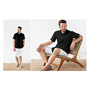 JEKAOYI Button Down Short Sleeve Linen Shirts for Men Summer Casual Cotton Spread Collar Beach Shirts (Black, X-Large)