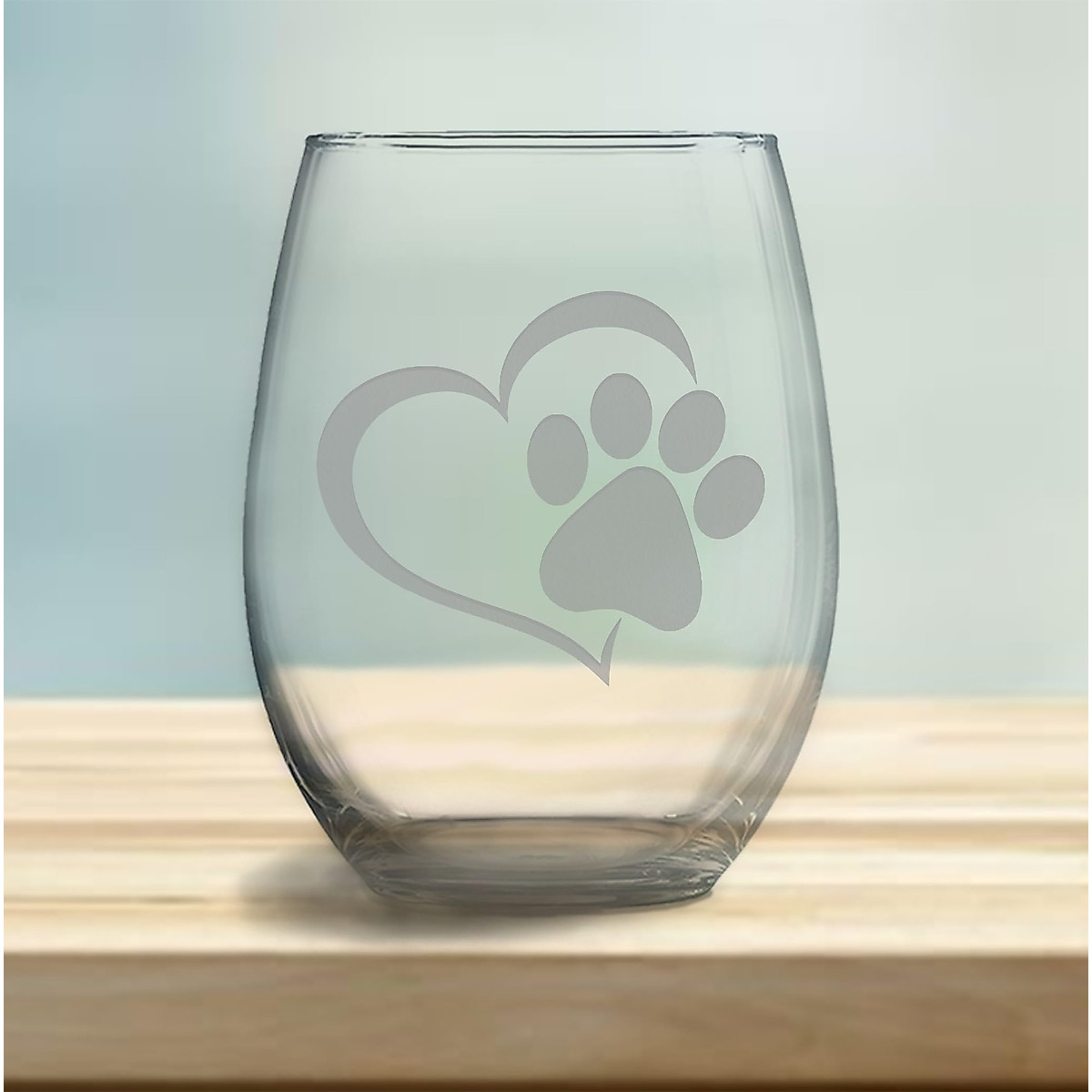 Heart with Paw Print Etched Stemless Wine Glasses - Set of 2/4/6/8-20.5oz Glassware (Set of Four (4))