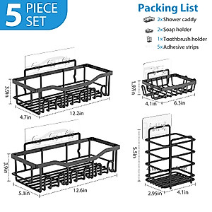 kitims Adhesive Shower Caddy, 5 Pack Shower Organizer Hanging with Large Capacity Stainless Steel Shower Organizers and Storage Rustproof Shower Shelf for Inside Shower, No Drilling, Black