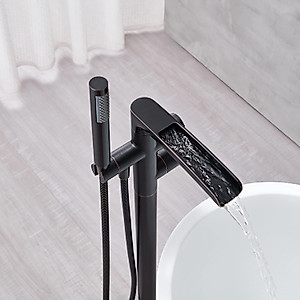 Qinkell Thermostatic Freestanding Tub Filler Floor Mount Waterfall Bathtub Faucet Oil-Rubbed Bronze Bathroom Taps with Handheld Shower