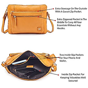 Wise Owl Accessories Small Soft Pebbled Real Leather Crossbody Handbags & Purses - Triple Zip Premium Sling Crossover Shoulder Bag for Women (Mustard Nappa)