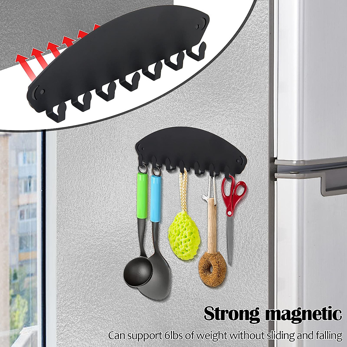 Lunhoo Magnetic Hook Rack, Magnetic Key Holder for Wall 7 Hooks, Wall Mount Keychain Hanger for Refrigerator, Metal Cabinet, Grills, Dishwasher (Matte Black)