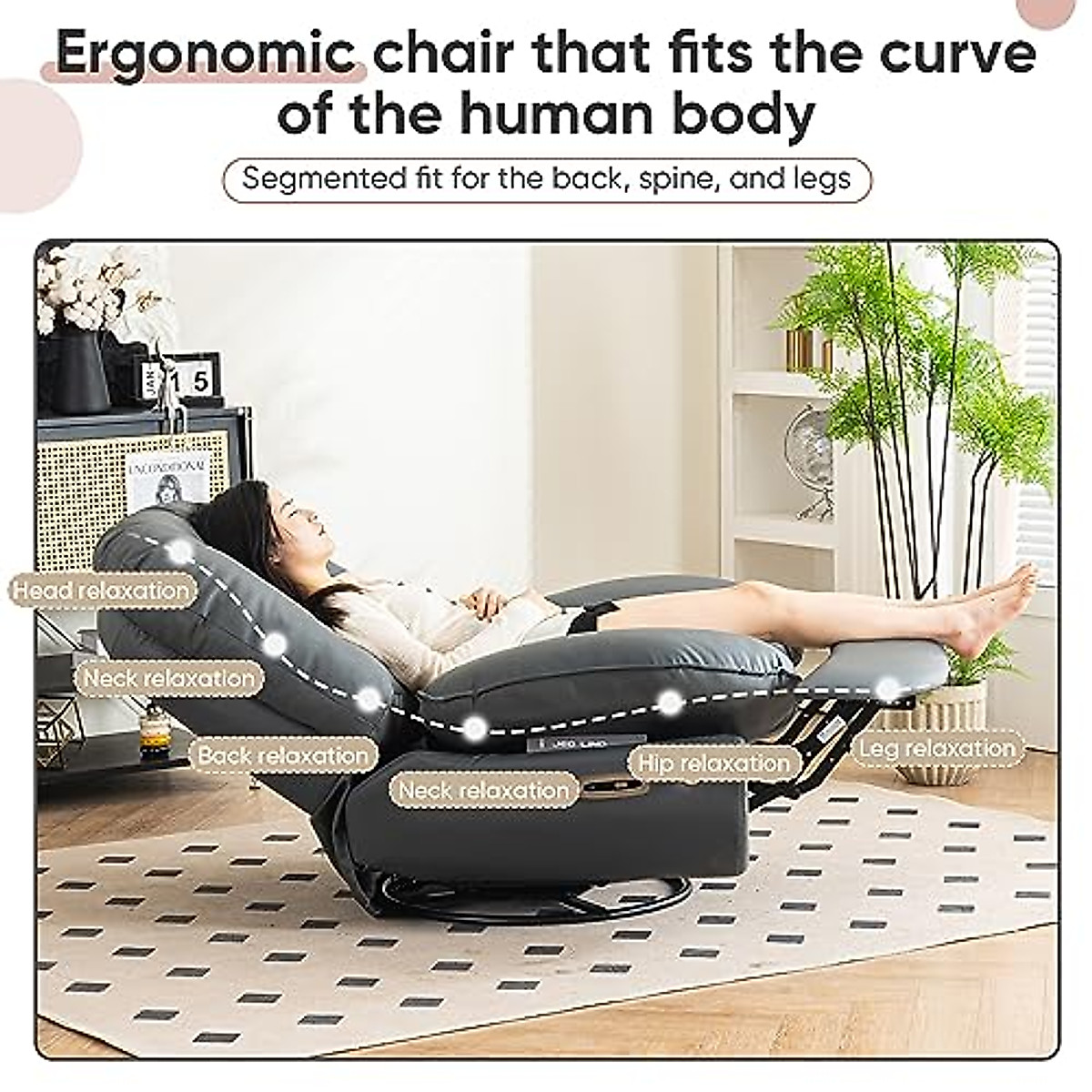 Deolme Oversized Electric Recliner Chair, Swivel Glider Rocker Rocking Chair for Adults Modern Ergonomic Lounge for Living Room Smart Voice Control Theater Seating (Drak Grey, Faux Leather)