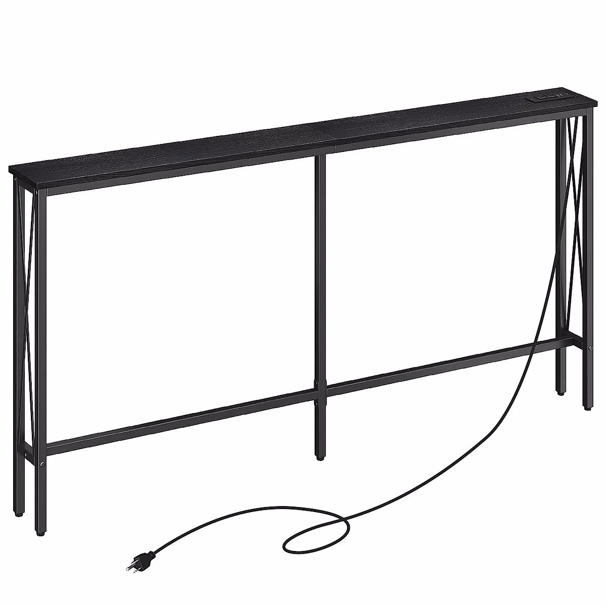 ELYKEN 5.9" Narrow Console Sofa Table with Power Outlets, 5.9" Dx63 Wx31.5 H Long Skinny Behind Couch Table with “X” Cross Metal Frame and Charge Station with 6.5’ Extension Cord, Black