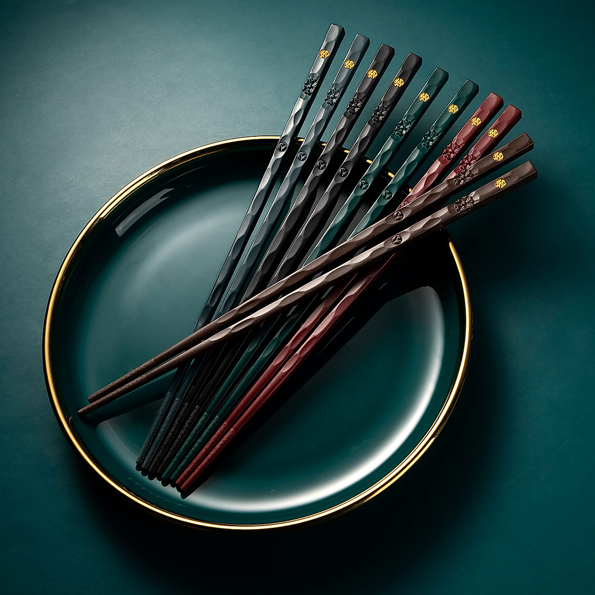 HELERKOL 5 Pairs Fiberglass Multicolor Dark Color Chopsticks Carved Gold Glitter Patch Chopsticks Reusable Non-Slip Lightweight Chinese Japanese Korean Chopsticks Dishwasher Safe, 9.6 Inch long