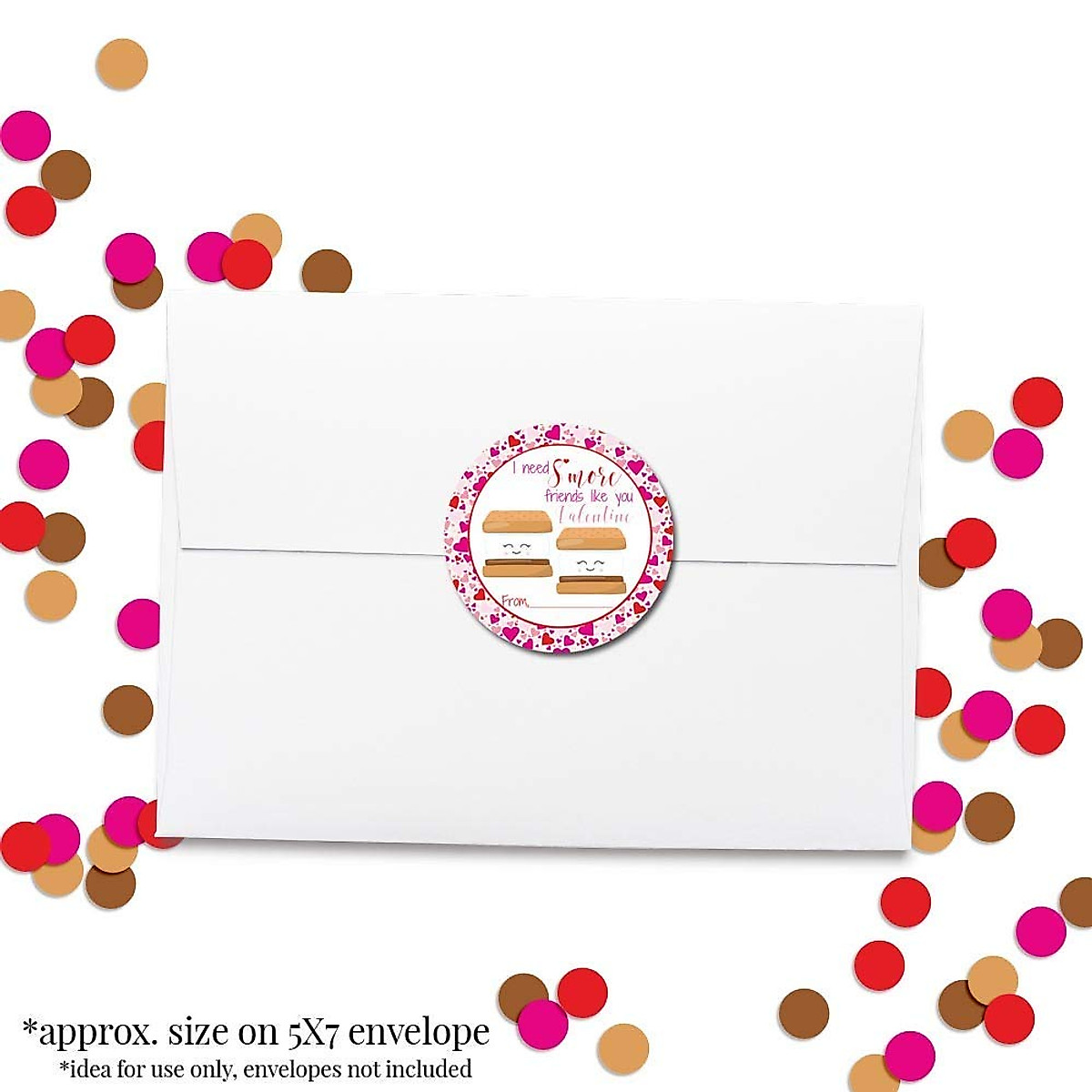 S’More Friends Like You Valentine Party Favor Sticker Labels, 40 2" Party Circle Stickers by AmandaCreation, Great for Classroom Valentines, Envelope Seals, Gifts & Treats