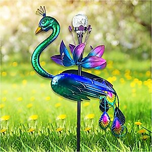 Solar Peacock Wind Spinner, Flower Wind Spinners, Peacock Statue Metal Kinetic Wind Sculpture for Outdoor Yard Patio Garden Decorations-47inch