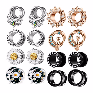 8 Pairs Ear Tunnels Gauges For Women Black Internally Flare Earrings Plugs Gauges For Ear Stainless Steel Plug Tunnel Piercing Stretcher Kit Rhinestone Flower Drop 10mm 00g
