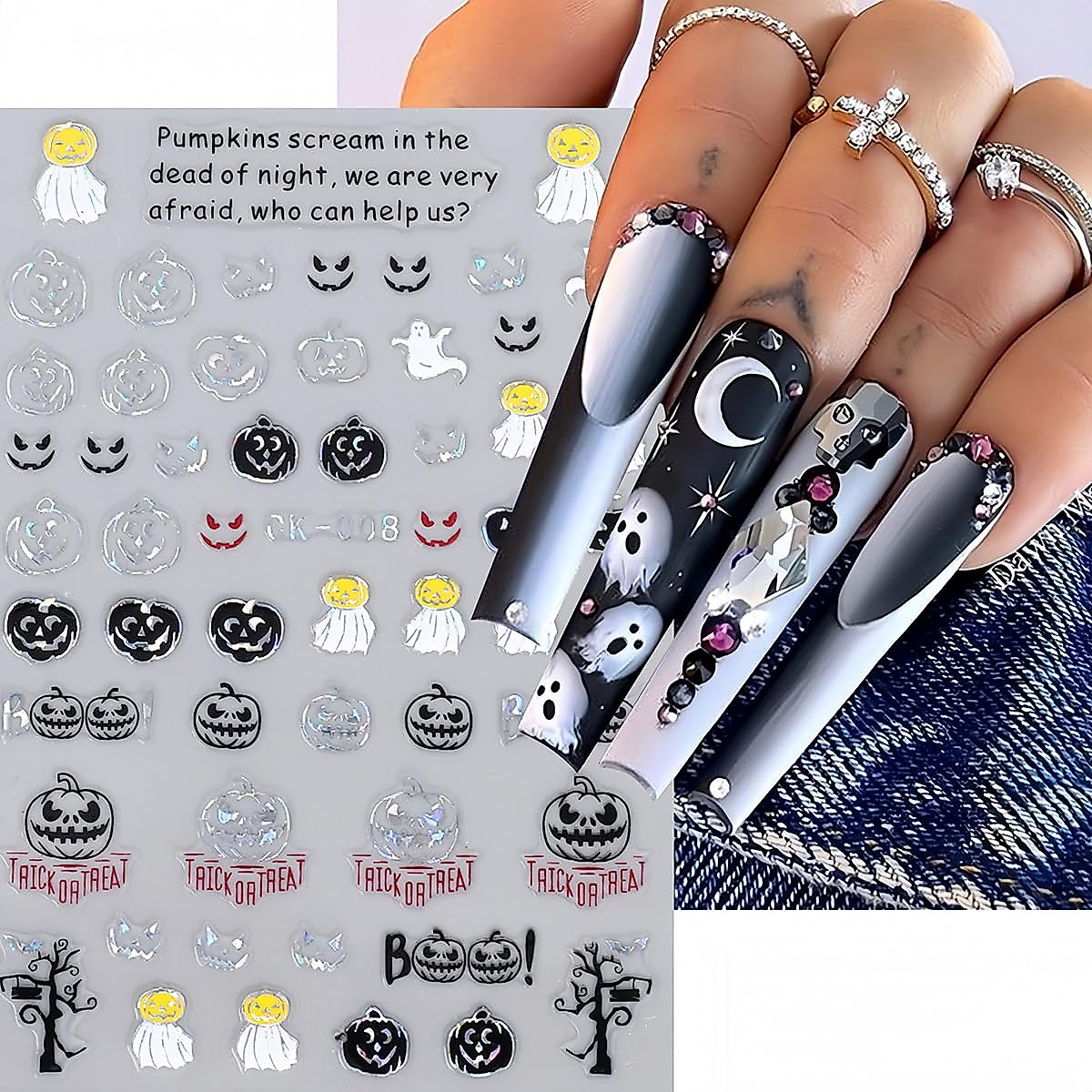 ZTZTST 8 Sheets Halloween Nail Art Stickers Cute Ghost Nail Decals 3D Self-Adhesive Laser Bat Cat Skull Spooky Designs Decals Halloween DIY Manicure Supplies Decorations Nail Charms for Women Girls