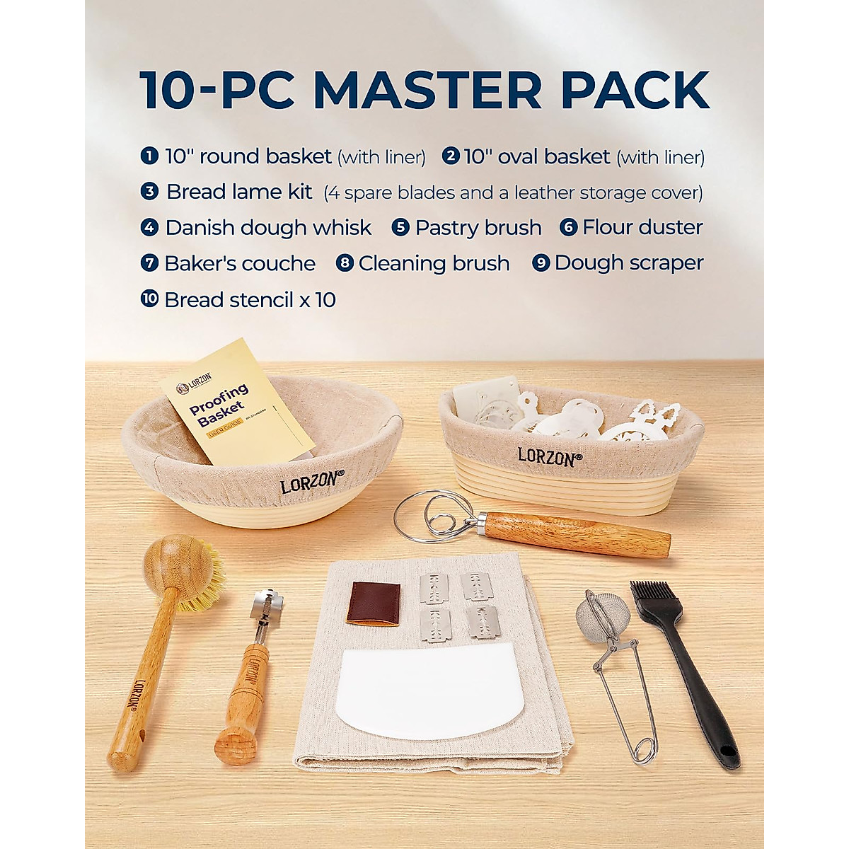 Lorzon Banneton Proofing Basket Set of 2, 10 Inch Round & Oval Cane Bread Proofing Baskets with Sourdough Bread Baking Supplies, Bread Making Kit