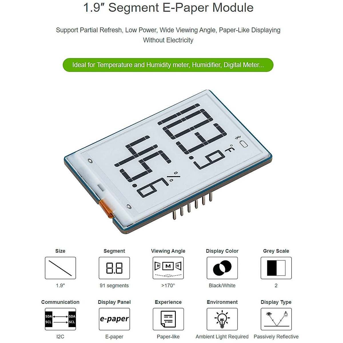 waveshare 1.9inch Segment E-Paper Display 91 Segments Black/White e Paper Module I2C Bus, Support Partial Refresh, for Arduino/Raspberry Pi/STM32, Ideal for Temperature/Humidity Meter/Digital Meter