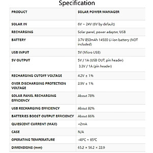 Recharged Solar Power Management Module for 6V~24V Solar Panel, Support Solar Panels, Or USB Power Adapter Battery Charging, 5V/1A or 3.3V/1A Regulated Output