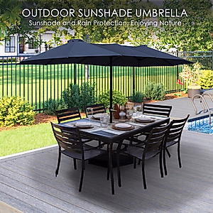 15ft Rectangle Patio Umbrella, Double-Sided Outdoor Market Umbrella with Crank Handle and Base for Pool, Garden, Backyard, Lawn (NevyBlue W/O SolarLights)