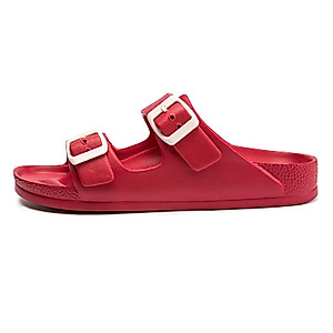 FUNKYMONKEY Women's Comfort Slides Double Buckle Adjustable EVA Flat Sandals (6 M US-Women, Red)