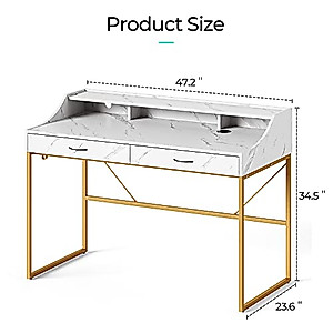 LINSY HOME Computer Desk with Drawers, 47-inch Writing Desk Study Table with Monitor Stand Riser for Home Office, White