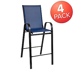 Flash Furniture 4 Pack Brazos Series Navy Outdoor Barstools with Flex Comfort Material and Metal Frame