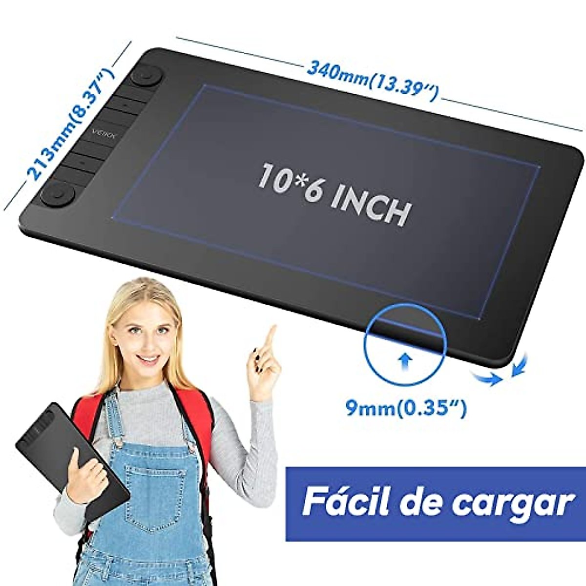 VEIKK VK1060PRO V2 Drawing Tablet, 10 x 6 Inch Graphics Pen Tablet with 8 Shortcut Keys, 8192 Levels Battery Free Supports Tilt Function, Work for Digital Art Drawing, Designing