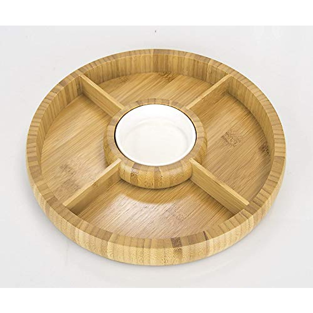 Bamboo Charcuterie Board/Cheese Board Chip and Dip Divided Bowl/Serving Platter with Ceramic Center Bowl/Dip Cup