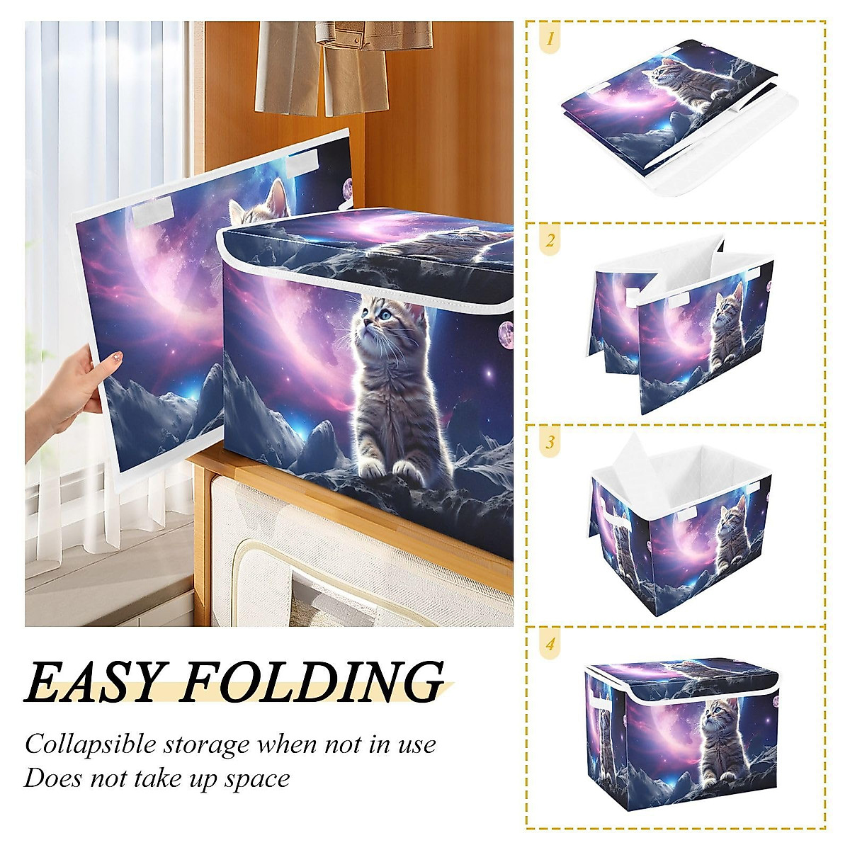 WELLDAY Galaxy Cat Storage Baskets Foldable Cube Storage Bin with Lids and Handle, 16.5x12.6x11.8 Inch Storage Boxes for Toys, Shelves, Closet, Bedroom