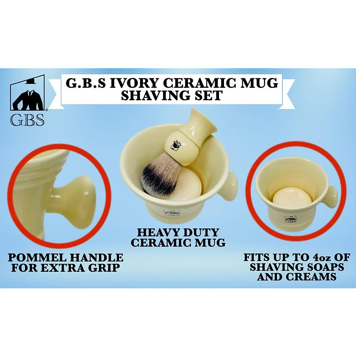 G.B.S Heavy Duty Ceramic Ivory Shaving Set - Mug with Knob Handle, Faux Ivory Handle Shaving Brush and Natural Shave Soap