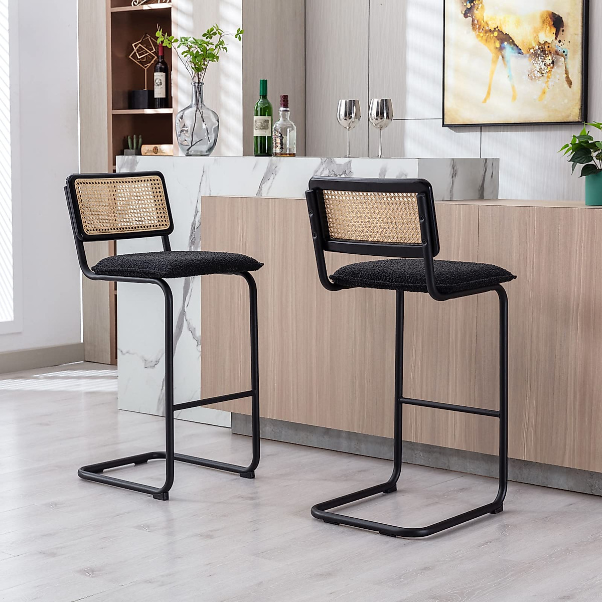 ONEVOG Boucle Rattan Bar Stools Set of 2, 29'' Bar Height Stools with Natural Cane Back, Solid Wood Frame Bar Chairs with Chrome Legs, Cantilevered Design Upholstered Stools, Black