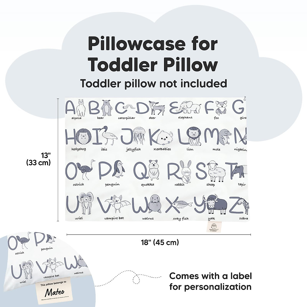 KeaBabies Toddler Pillowcase for 13X18 Pillow - Organic Toddler Pillow Case for Boy, Kids, 100% Natural Cotton Pillowcase for Miniature Sleepy Pillows, Pillow Sold Separately (Alphamals)