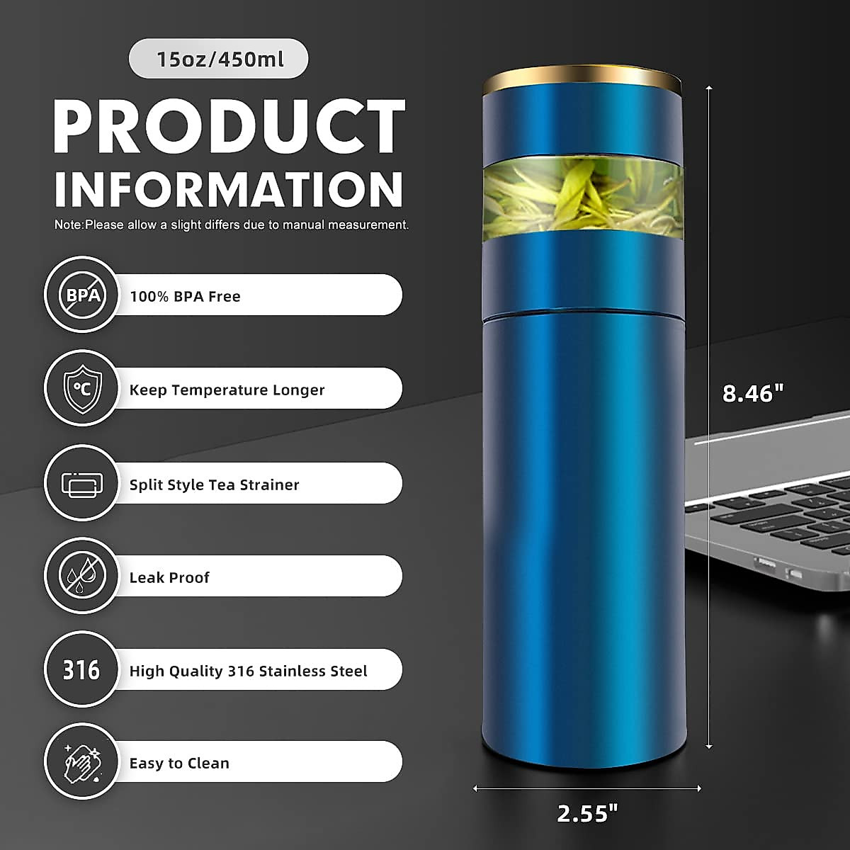 Tea Infuser Bottle - Coffee thermos - Smart Sports Water Bottle with LED Temperature Display,Double Wall Vacuum Insulated Water Bottle - Travel Tea Mug with Stainless Steel Filter (Blue)
