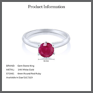 Gem Stone King 14K White Gold Red Ruby Women Engagement Solitaire Ring (1.00 Cttw, Round 6MM, Gemstone Birthstone, Available In Size 5,6,7,8,9)