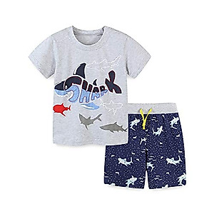 Toddler Boys Short Sets Summer Outfits Cotton Casual Crewneck Grey Fish Short Tee Shirt Knite Shorts Beach Clothes Sets 2T
