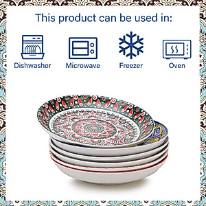 Kitchenexus Ceramic Pasta Bowls Set of 6 30oz Large Salad Bowl Wide and Shallow Porcelain Salad Pasta Dishes Colorful Patterns Serving Plates and Bowls for Pasta, Salad, Cereal, Soup