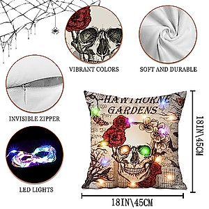 Hexagram Lighted Halloween Pillow Covers, Halloween Decorations Skull Pumpkin Black Cat LED Halloween Pillows Covers 18x18 Set of 4, Halloween Light Gothic Decor Pillows for Couch Sofa Indoor