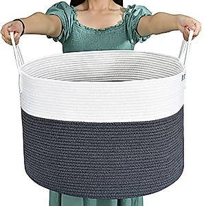 RITHLELA Bundle of Cotton Rope Basket Set, Woven Laundry Basket for Blankets Toys Clothes, Nursery Storage Basket with Handles - dark gray