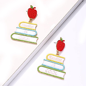 Teacher Earrings Beaded Dangle Earrings for Women Funny Teacher Apple Drop Earrings Teacher Appreciation Gift Back To School Jewelry (Book)