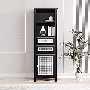 OPTOUGH Boho Style Slim Tall Storage Narrow Bathroom Corner Rattan Door Mid Century Modern Tower Freestanding Cabinet Organizer with Metal Handles for Kitchen, Living Room, Bedroom, Black