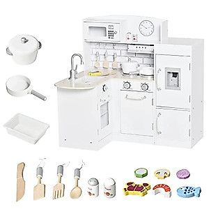 Qaba Kids Play Kitchen Set Pretend Wooden Cooking Toy Set with Drinking Fountain, Microwave, Fridge and Accessories for Age 3 Years, White