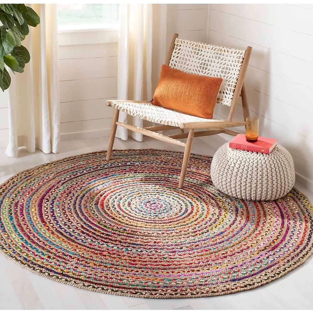 FRELISH DECOR Round Rug Area Rug, Jute & Cotton Multi Chindi Braid Rug, Hand Woven & Reversible- Handwoven from Multi-Color Vibrant Fabric Rugs Bohemian Colorful Rug (6 feet)