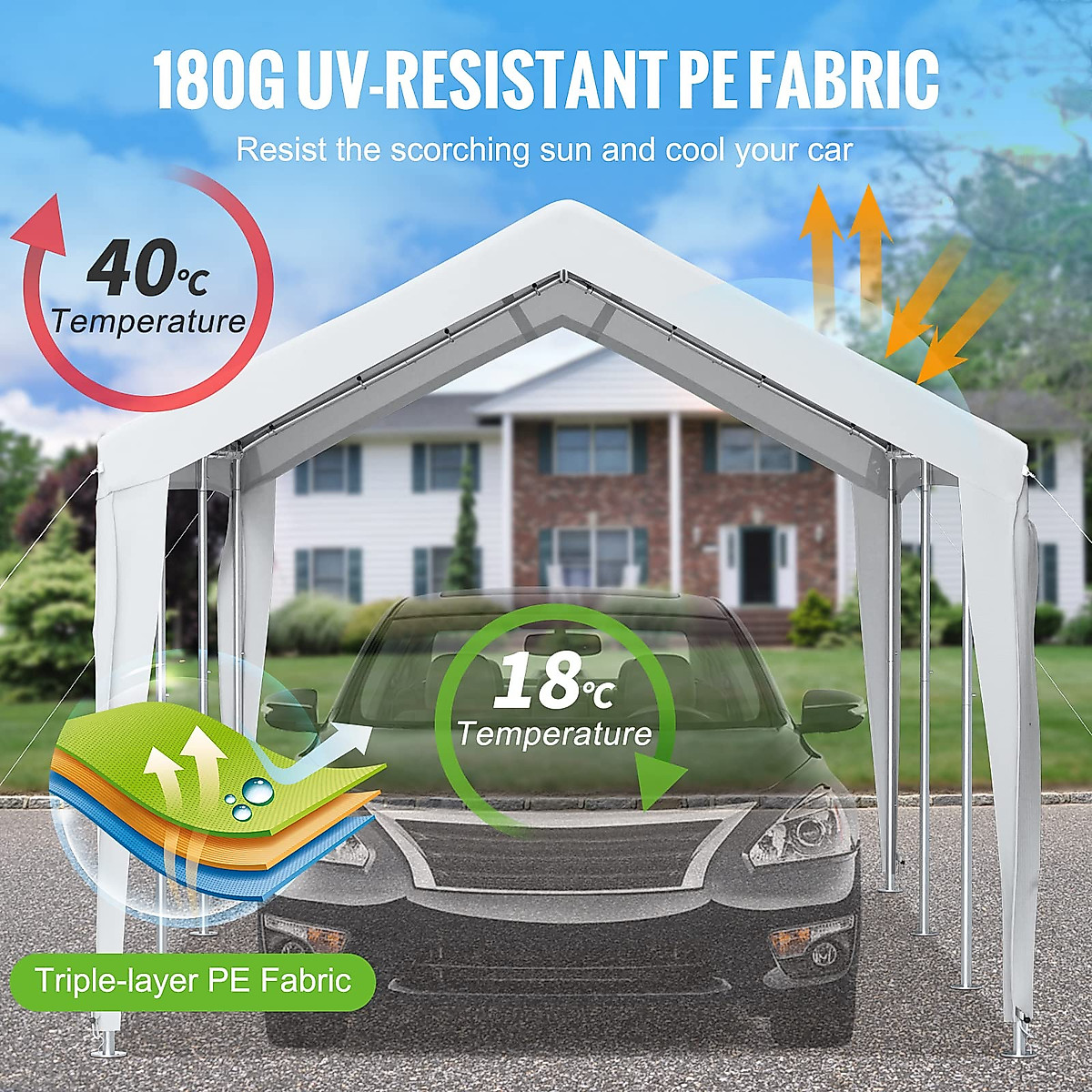 Happybuy 10 x 20 ft Carport Car Canopy, Heavy Duty Garage Shelter with 8 Legs, Car Garage Tent for Outdoor Party, Birthday, Garden, Boats, Adjustable Peak Height from 8.3 ft to 10 ft