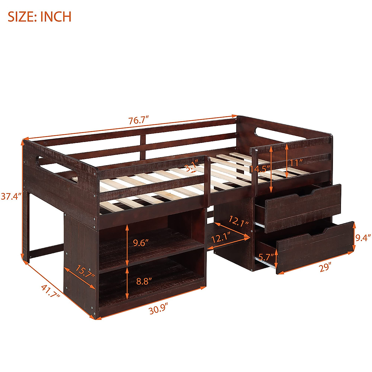 BIADNBZ Twin Size Low Loft Bed with Storage Drawers and Two Shelves, Solid Wood Kids LoftBed Frame for Boys Girls Bedroom, Antique Espresso